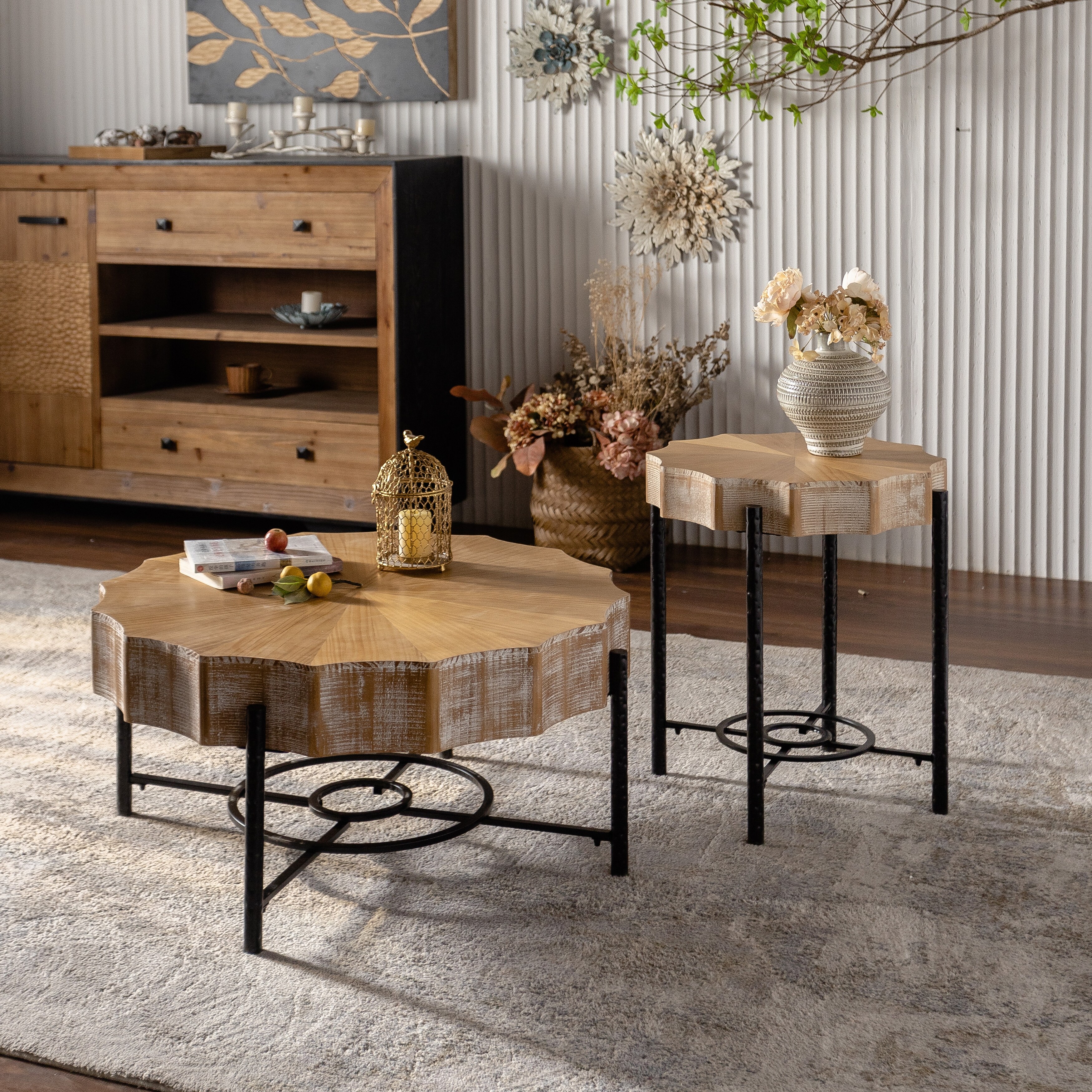 Lace shaped Coffee Table Set of 2 Vintage Splicing Wood End Table with Concave Metal Cross Legs for Living Room Natural Black Bed Bath Beyond 39988842